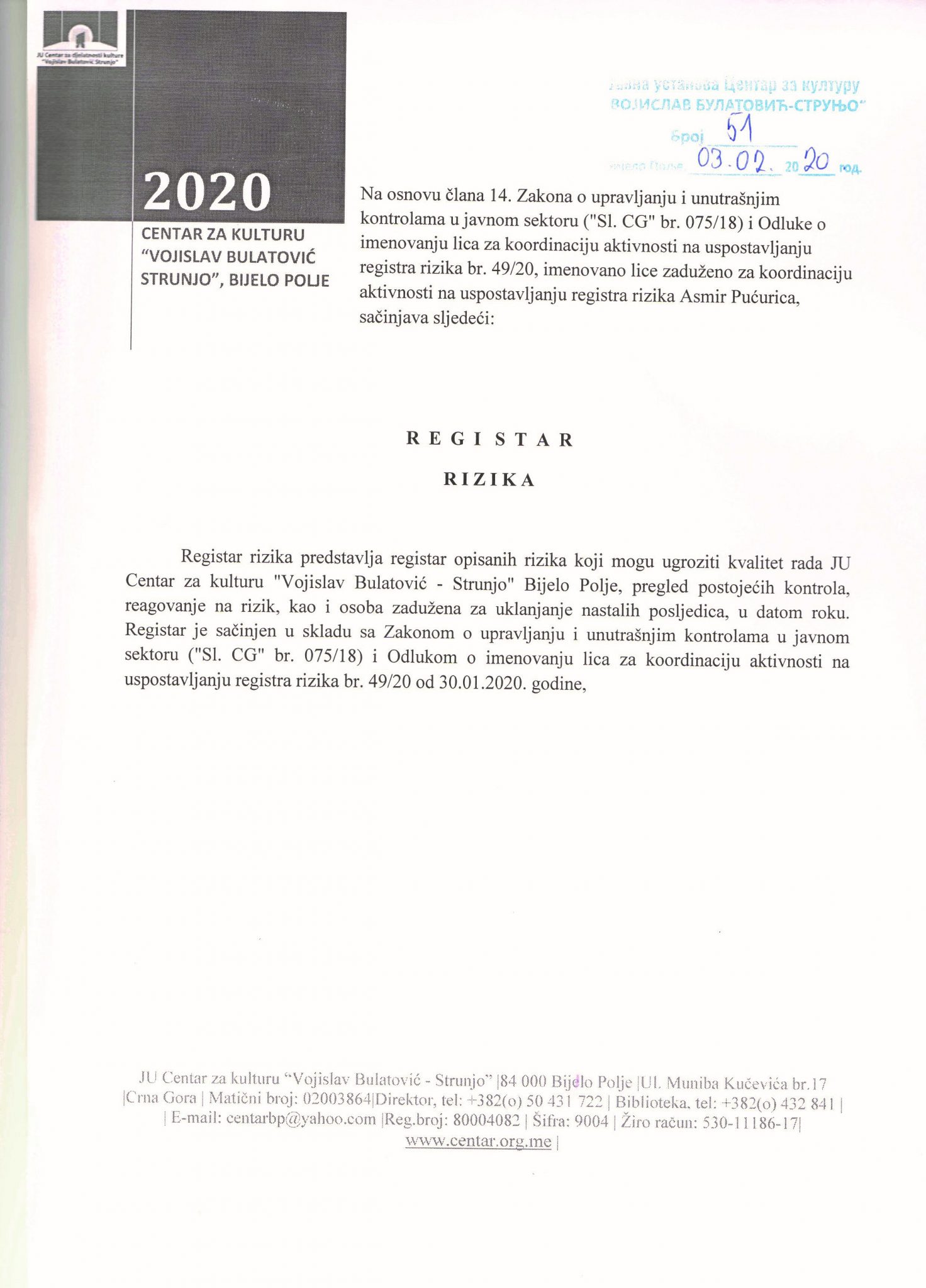 Registar rizika – CENTAR ZA KULTURU